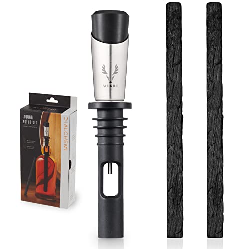 Viski Alchemi Liquor Aging Kit 2 Charred American Oak Wood Sticks with Stopper Pourer, Stainless Steel, Silicon, Black, 1x7.85x3