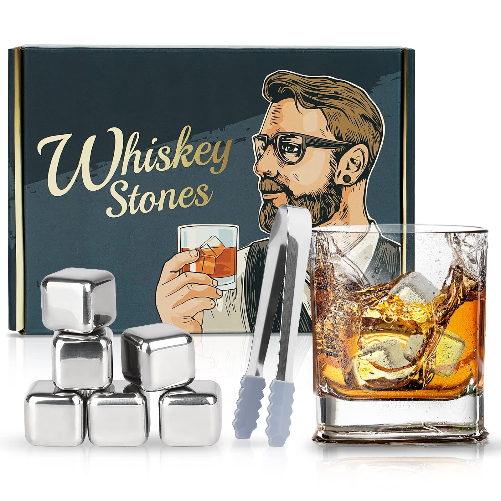 VZLIVE Six Whiskey Stones Set, Valentines Day Gifts for Men Boyfriend Husband Dad, Reusable Ice Cube for Drinking, Anniversary Birthday Gift Ideas for Him, Cool Gadgets for Whisky Lovers