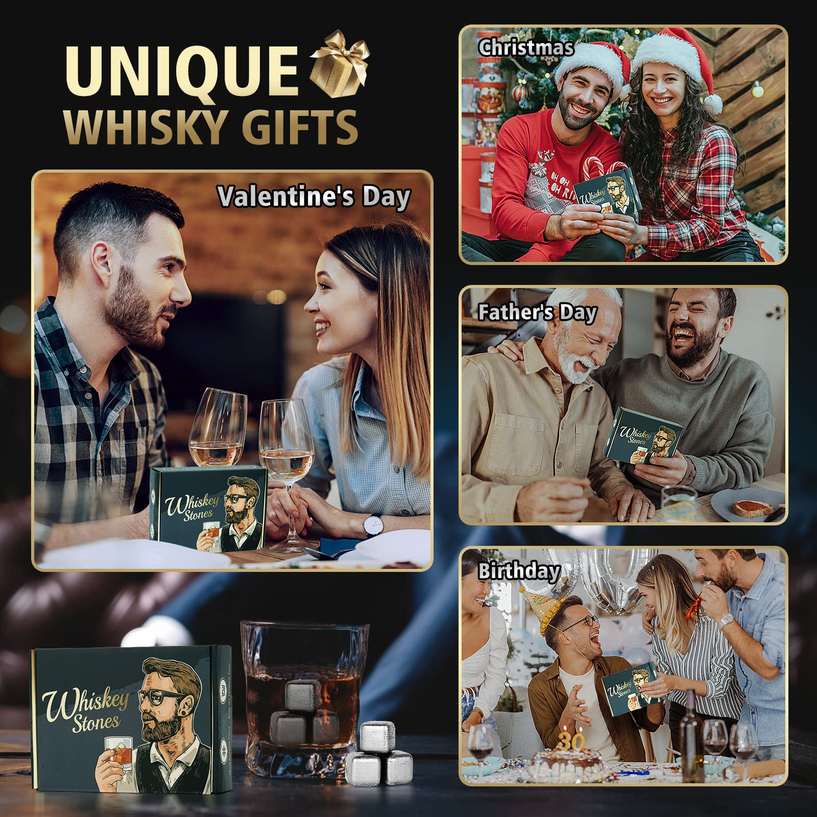 VZLIVE Six Whiskey Stones Set, Valentines Day Gifts for Men Boyfriend Husband Dad, Reusable Ice Cube for Drinking, Anniversary Birthday Gift Ideas for Him, Cool Gadgets for Whisky Lovers