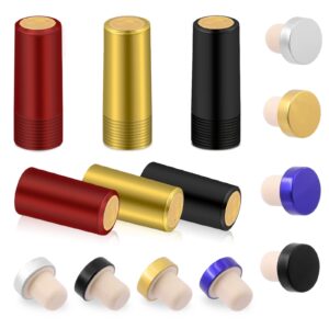 mardatt 54pcs t-shape wine bottle cork stoppers and pvc heat shrink capsules, 4 colors reusable wooden wine bottle plugs sealing stoppers tasting corks for wine beer bottles (black/silver/gold/blue)