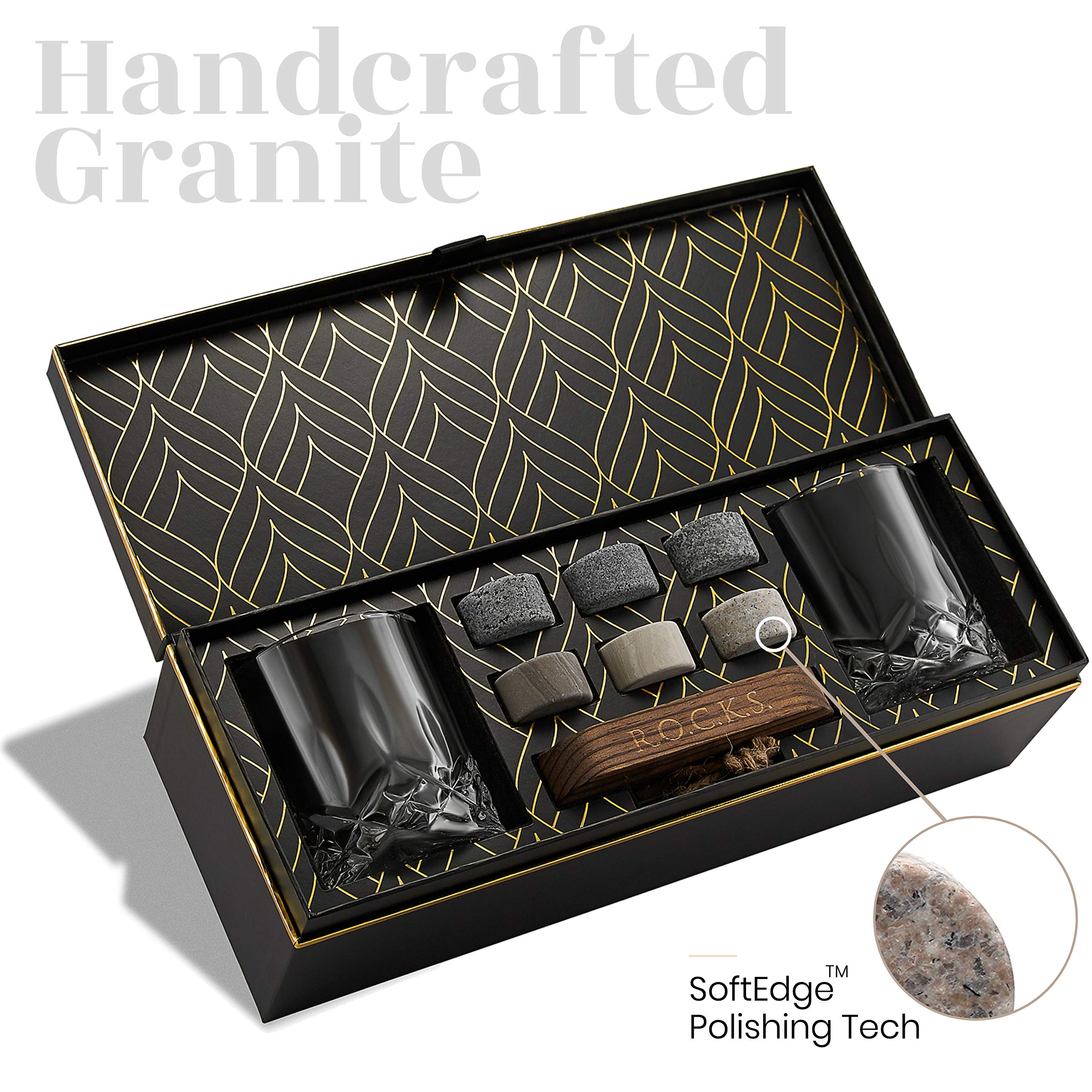 Whiskey Chilling Stones Gift Set - 6 Handcrafted Premium Granite Round Sipping Rocks - 2 Crystal Glass Tumblers - Hardwood Presentation & Storage Tray - Elegant Gold Foil Gift Box by R.O.C.K.S.