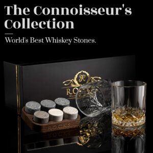 Whiskey Chilling Stones Gift Set - 6 Handcrafted Premium Granite Round Sipping Rocks - 2 Crystal Glass Tumblers - Hardwood Presentation & Storage Tray - Elegant Gold Foil Gift Box by R.O.C.K.S.