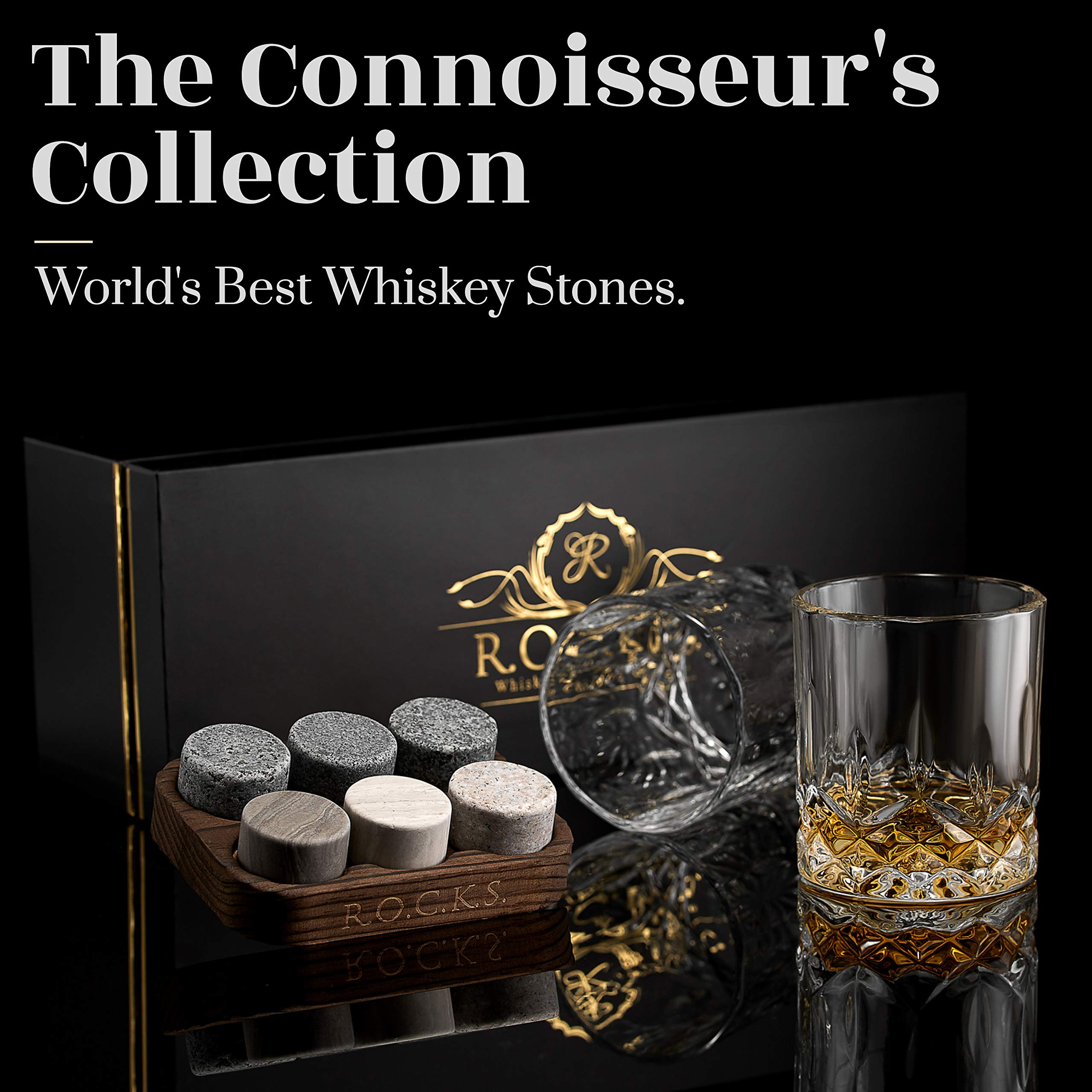 Whiskey Chilling Stones Gift Set - 6 Handcrafted Premium Granite Round Sipping Rocks - 2 Crystal Glass Tumblers - Hardwood Presentation & Storage Tray - Elegant Gold Foil Gift Box by R.O.C.K.S.