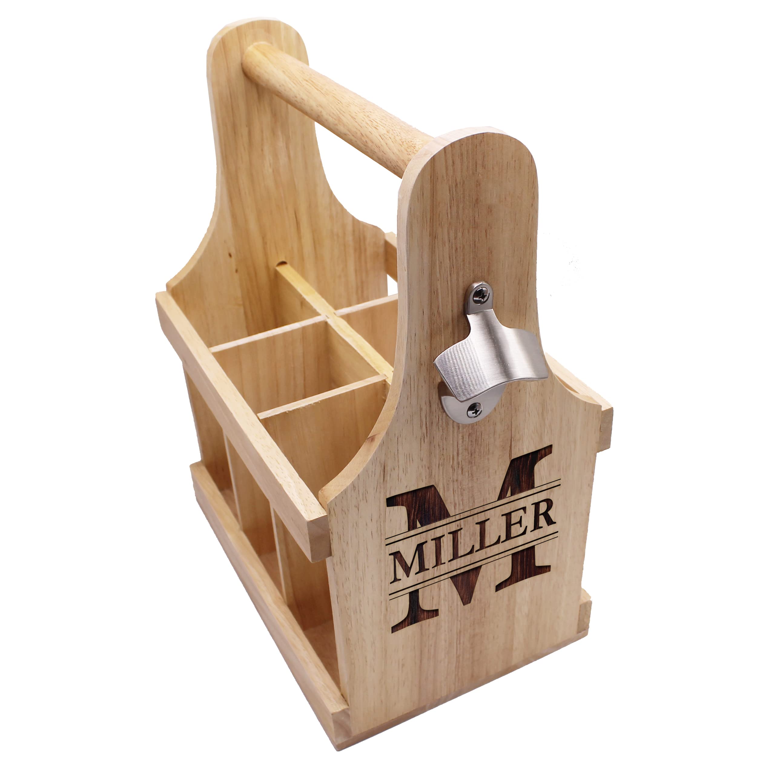 Custom Personalized Wooden 6 Pack Beer Caddy Carrier with Stainless Steel Opener