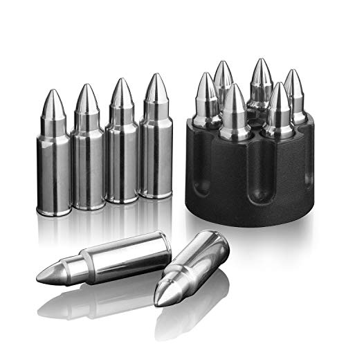 Whiskey Stones Bullets Stainless Steel - 1.75in Bullet Chillers Set of 6 Inside Realistic Revolver - Freezer Base, Made w/Premium Stainless Steel, Large Reusable Chilling Ice Cube, Good for Whiskey