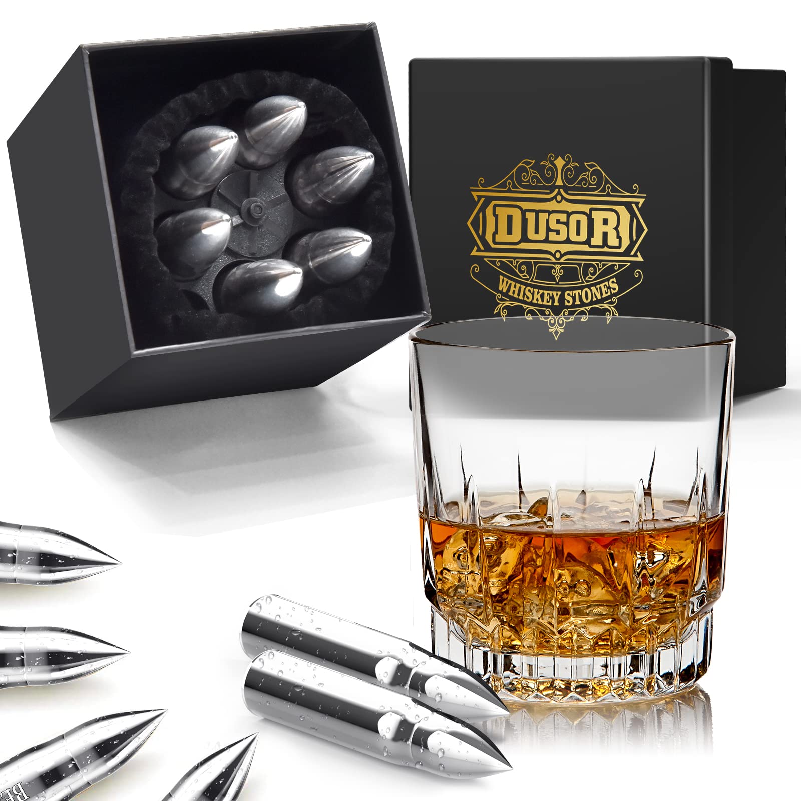 Dusor Gifts for Dad, 6Pc Reusable Whiskey Stones, Whiskey Gifts for Men, from Daughter, Wife, Son, Mens Gifts for Him, Birthday Gifts for Men, Gifts for Dad Who Wants Nothing