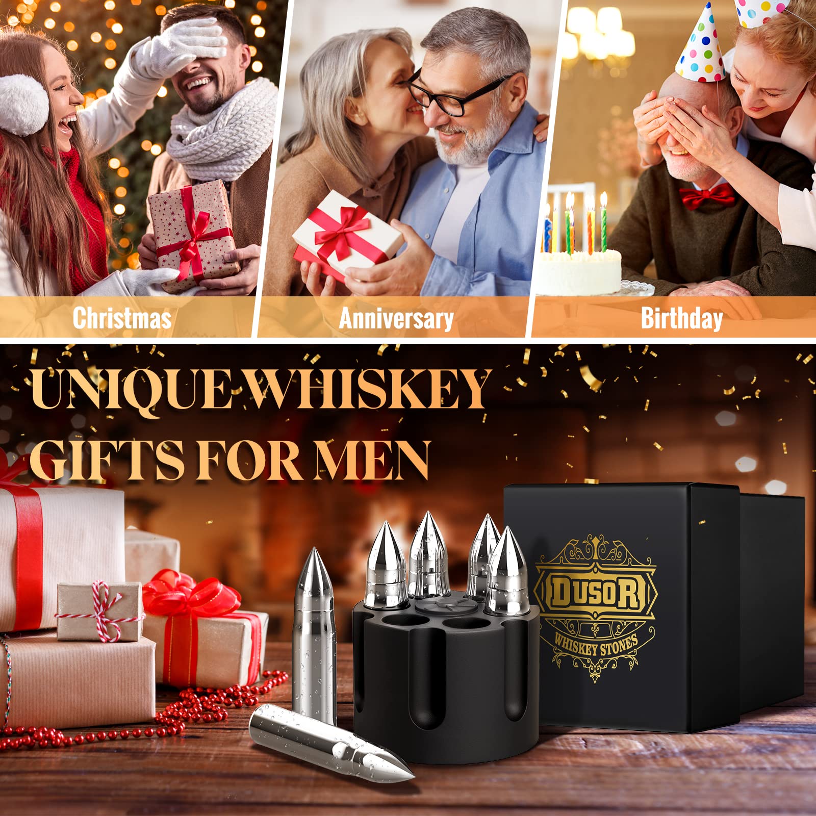 Dusor Gifts for Dad, 6Pc Reusable Whiskey Stones, Whiskey Gifts for Men, from Daughter, Wife, Son, Mens Gifts for Him, Birthday Gifts for Men, Gifts for Dad Who Wants Nothing