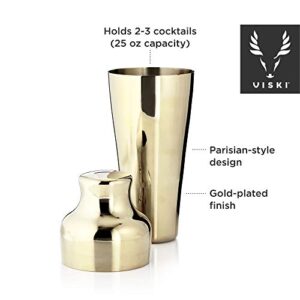 Viski Parisian Cocktail Shaker, Contoured High Shine Polished Stainless Steel with Built-In Cap and Strainer, Gold 25 Oz Set of 1