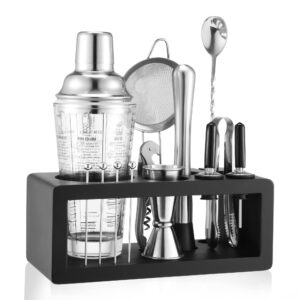 tahailin cocktail shaker set with stand,martini shaker printed with recipes,13-piece bartender kit,professional bar tools bartending set,home bar set,drink mixing.