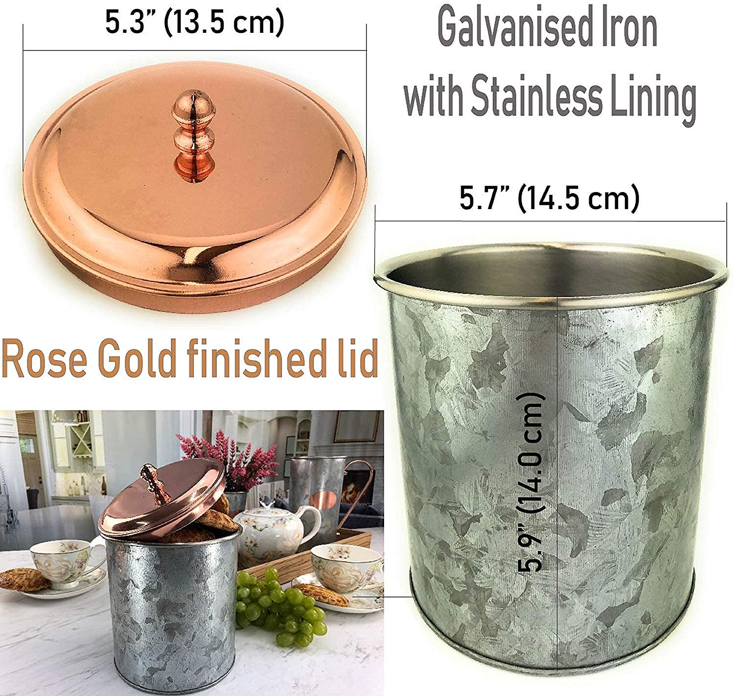 Galrose Galvanized Iron Insulated Ice Bucket – Rose Gold Lid, 2 Liter Stainless Steel Double Wall 5.5" x 6” Rustic Wine Chiller or Champagne Bucket. Unique 6th Iron Anniversary or Birthday Gift