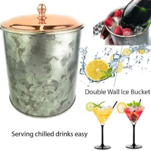 Galrose Galvanized Iron Insulated Ice Bucket – Rose Gold Lid, 2 Liter Stainless Steel Double Wall 5.5" x 6” Rustic Wine Chiller or Champagne Bucket. Unique 6th Iron Anniversary or Birthday Gift