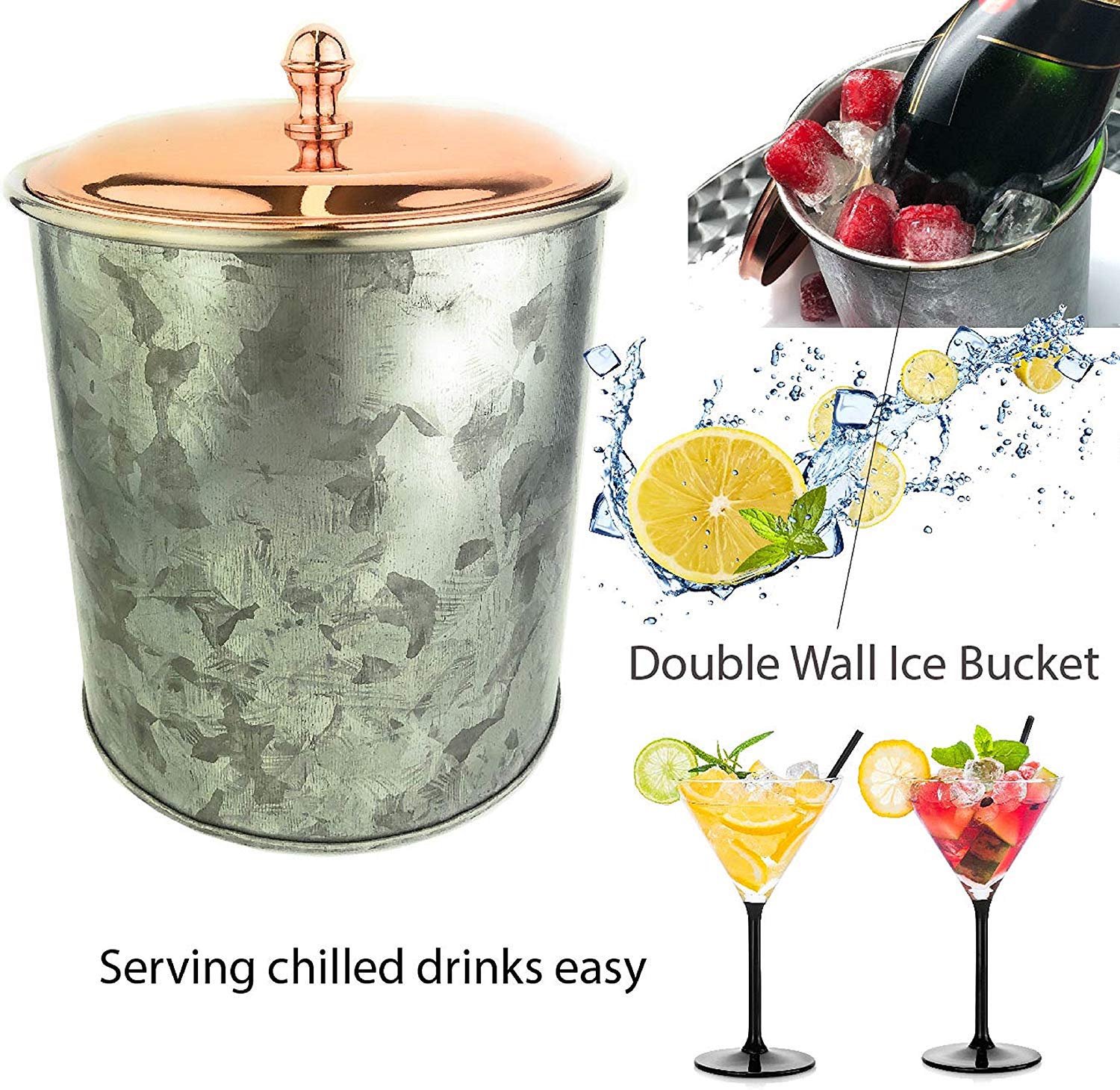 Galrose Galvanized Iron Insulated Ice Bucket – Rose Gold Lid, 2 Liter Stainless Steel Double Wall 5.5" x 6” Rustic Wine Chiller or Champagne Bucket. Unique 6th Iron Anniversary or Birthday Gift