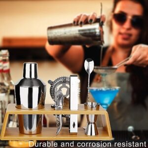 Arora 8Pcs Bartender Kit Bar Set, 20OZ Silver Cocktail Shaker Set with Stainless Steel Bartending Accessories for Home & Bamboo Stand, Ideal Drinking Mixers Gift Set for Martini Margarita