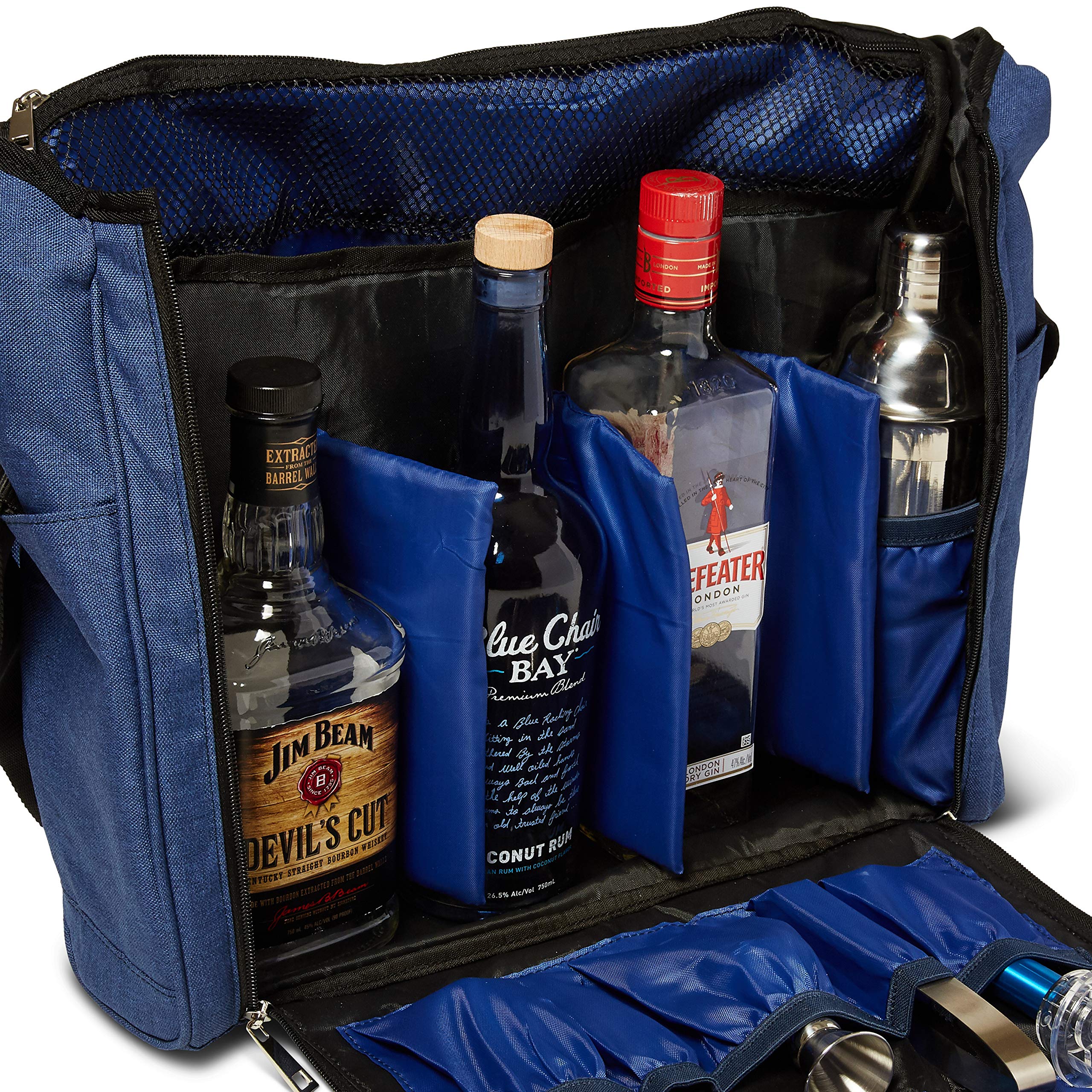 VADCAD Travel Bar Bag Navy Blue & Black, Water Resistant, Bartending Supplies, Pockets for Carrying Cocktail Kit (Bag Only), 13.8H X 12.5W X 4.7D