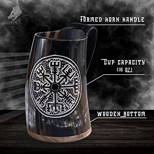 FENRIR Special Edition Viking Drinking Horn Mug with Bottle Opener for Ale Beer Cold Drink Natural Shine Polished 16-oz -2 Pieces Set | Compas Shine Polished