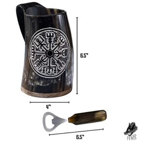 FENRIR Special Edition Viking Drinking Horn Mug with Bottle Opener for Ale Beer Cold Drink Natural Shine Polished 16-oz -2 Pieces Set | Compas Shine Polished