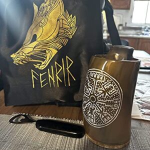 FENRIR Special Edition Viking Drinking Horn Mug with Bottle Opener for Ale Beer Cold Drink Natural Shine Polished 16-oz -2 Pieces Set | Compas Shine Polished