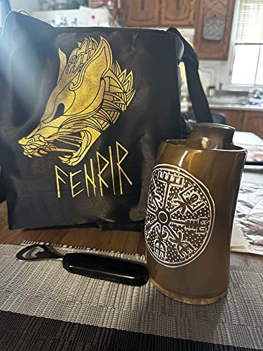 FENRIR Special Edition Viking Drinking Horn Mug with Bottle Opener for Ale Beer Cold Drink Natural Shine Polished 16-oz -2 Pieces Set | Compas Shine Polished