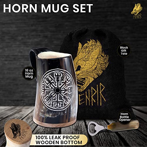 FENRIR Special Edition Viking Drinking Horn Mug with Bottle Opener for Ale Beer Cold Drink Natural Shine Polished 16-oz -2 Pieces Set | Compas Shine Polished