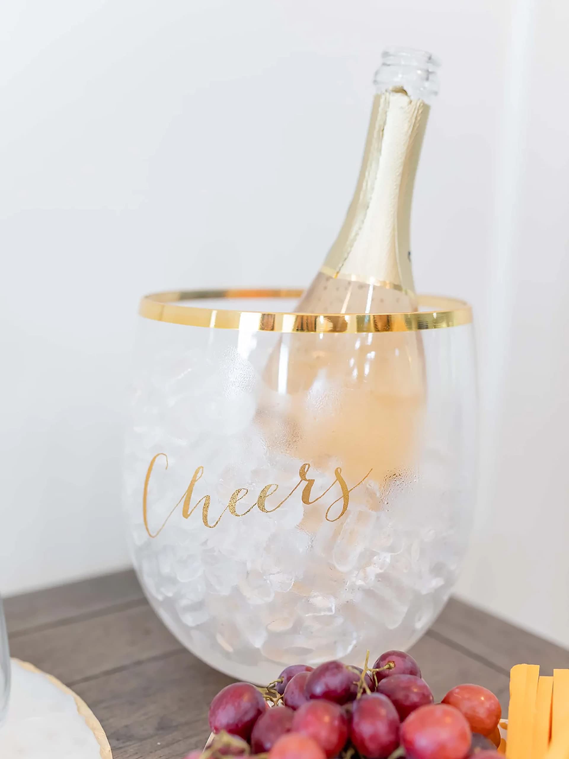 Mary Square Cheers Gold Tone Rim 6.5 x 8 Glass Champagne Ice Bucket