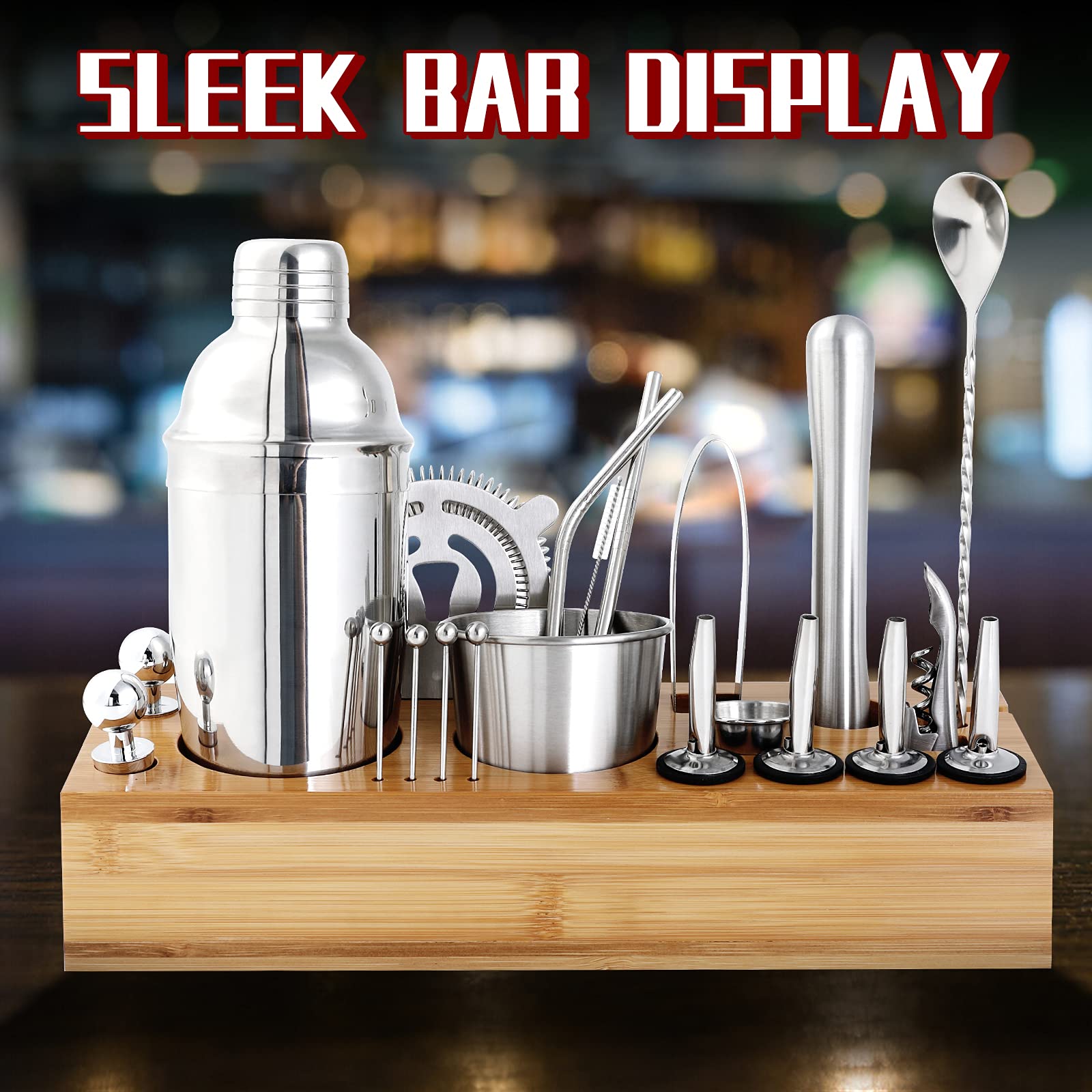 Cocktail Shaker Set, 20 Piece Stainless Steel Bartender Kit 25 oz Shaker Tins with Bamboo Stand, Recipe Book, for Drink Mixing, Home, Bar, Parties