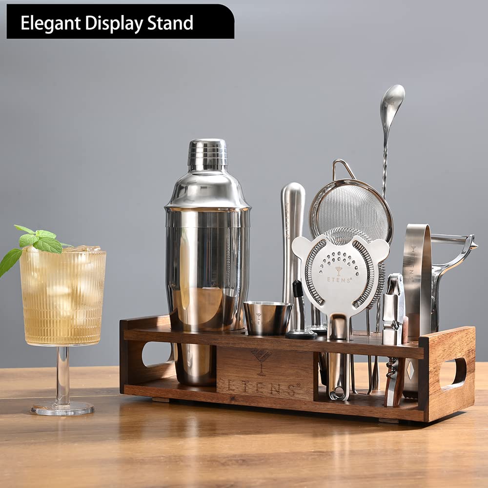 Etens Bartender Kit with Stand and Glass Cocktail Shaker Budnle, 14pc Cocktail Shaker Set and Clear Martini Shaker with Measurement