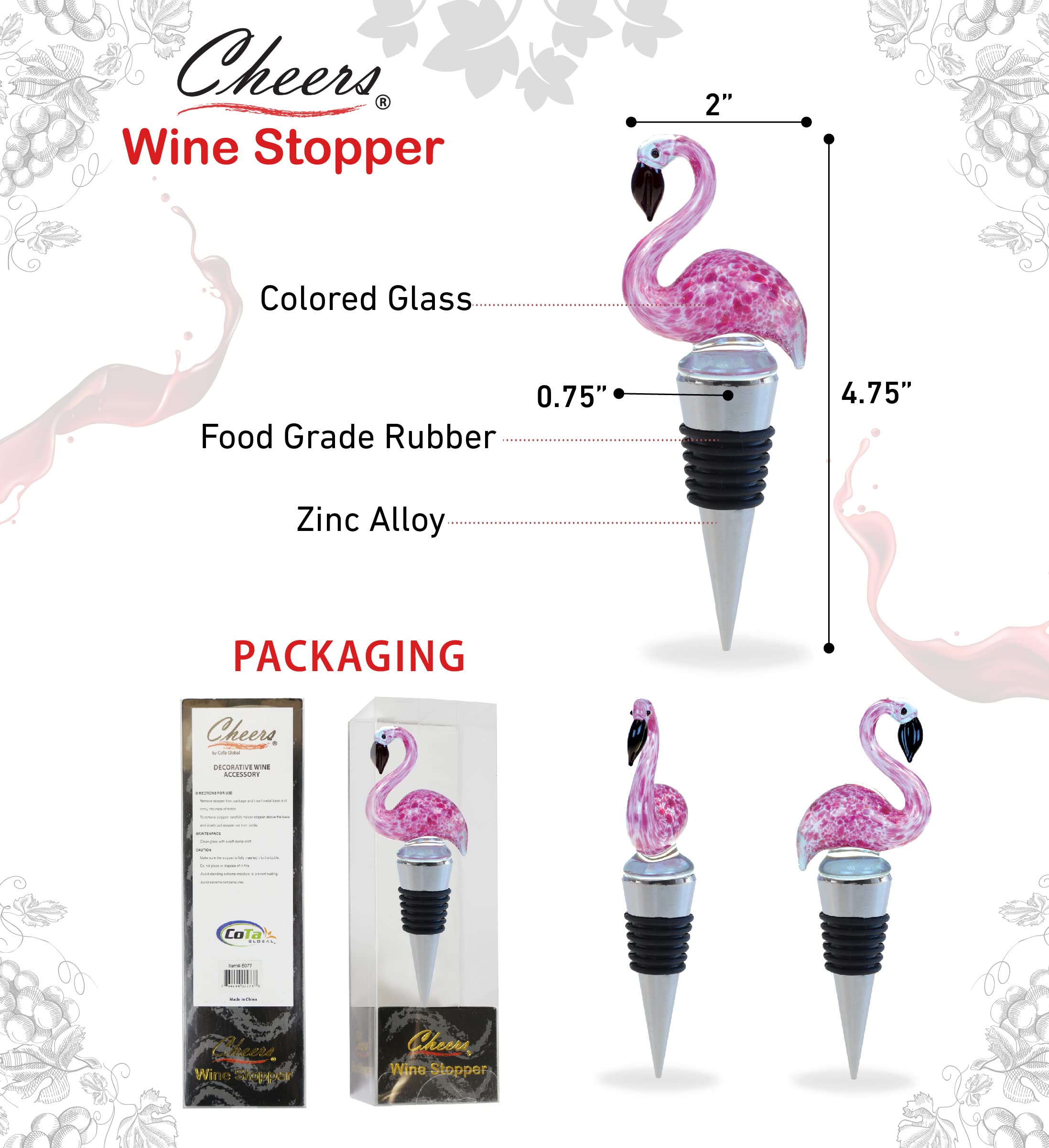 Cheers Flamingo Glass Wine Stopper – Elegant Vacuum Seal Reusable Zoo Animal Bird Wine Bottle Stopper – Airtight Leak Proof Bottle Topper Cork Plug – Cute Home Decor & Bar Tool Accessory Gift