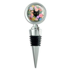 black cat hiding in spring flowers wine bottle stopper