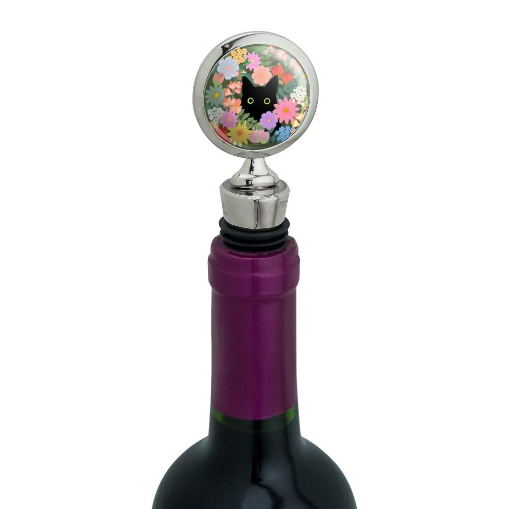 Black Cat Hiding in Spring Flowers Wine Bottle Stopper