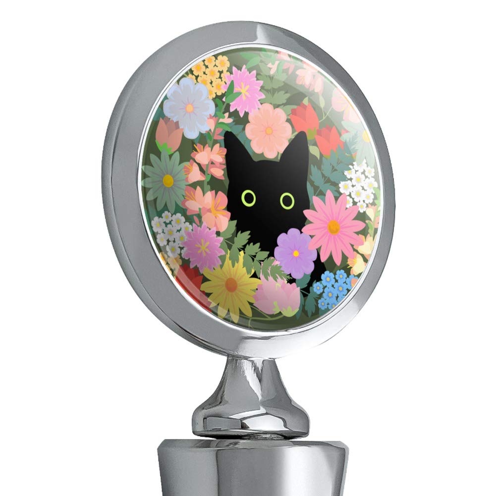 Black Cat Hiding in Spring Flowers Wine Bottle Stopper