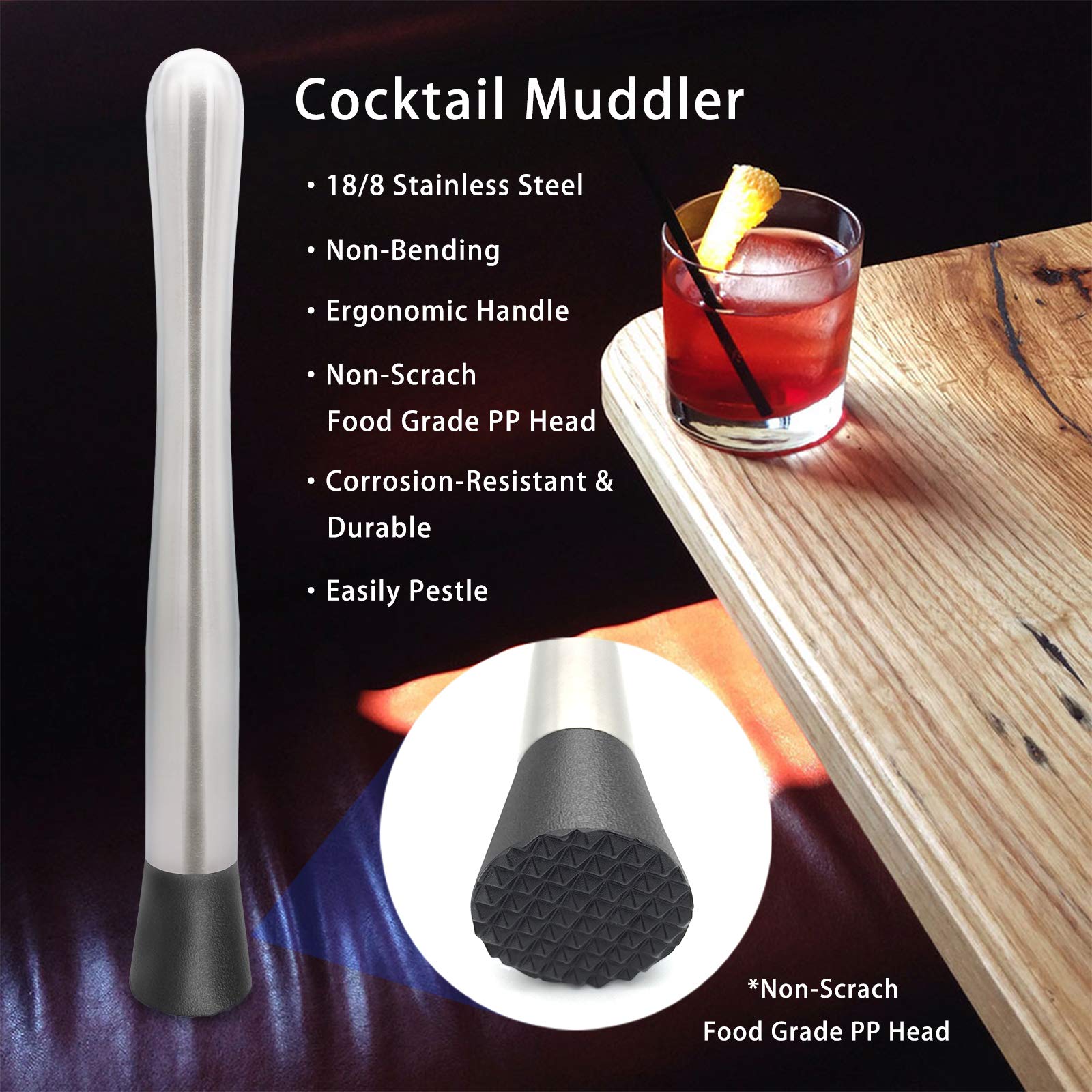 LNYFOUG 10 Inch Stainless Steel Cocktail Muddler and Mixing Spoon Ideal Home Bar Bartender’s Tool Sets for Mojito and Other Fruit Drinks