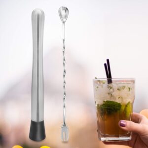 LNYFOUG 10 Inch Stainless Steel Cocktail Muddler and Mixing Spoon Ideal Home Bar Bartender’s Tool Sets for Mojito and Other Fruit Drinks