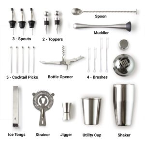 Maxam 24 Piece Bartender Set - Cocktail Shaker, Muddler, Liquor Mixing Kit, Bar Tools