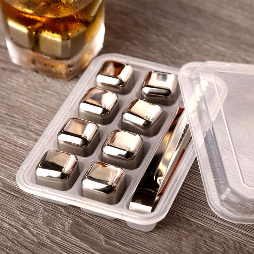 eoocvt Whiskey Stones Luxury Gift Set - 8pcs Stainless Steel Reusable Ice Cubes with Barman Tongs and Freezer Tray