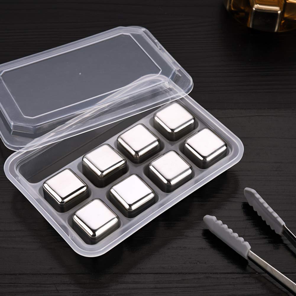 eoocvt Whiskey Stones Luxury Gift Set - 8pcs Stainless Steel Reusable Ice Cubes with Barman Tongs and Freezer Tray