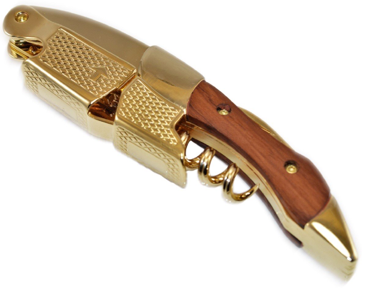 Gold Plated Corkscrew w/Wood Handle Professional Double Hinge Waiters Wine Key