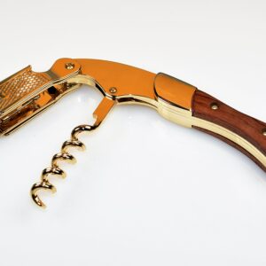 Gold Plated Corkscrew w/Wood Handle Professional Double Hinge Waiters Wine Key