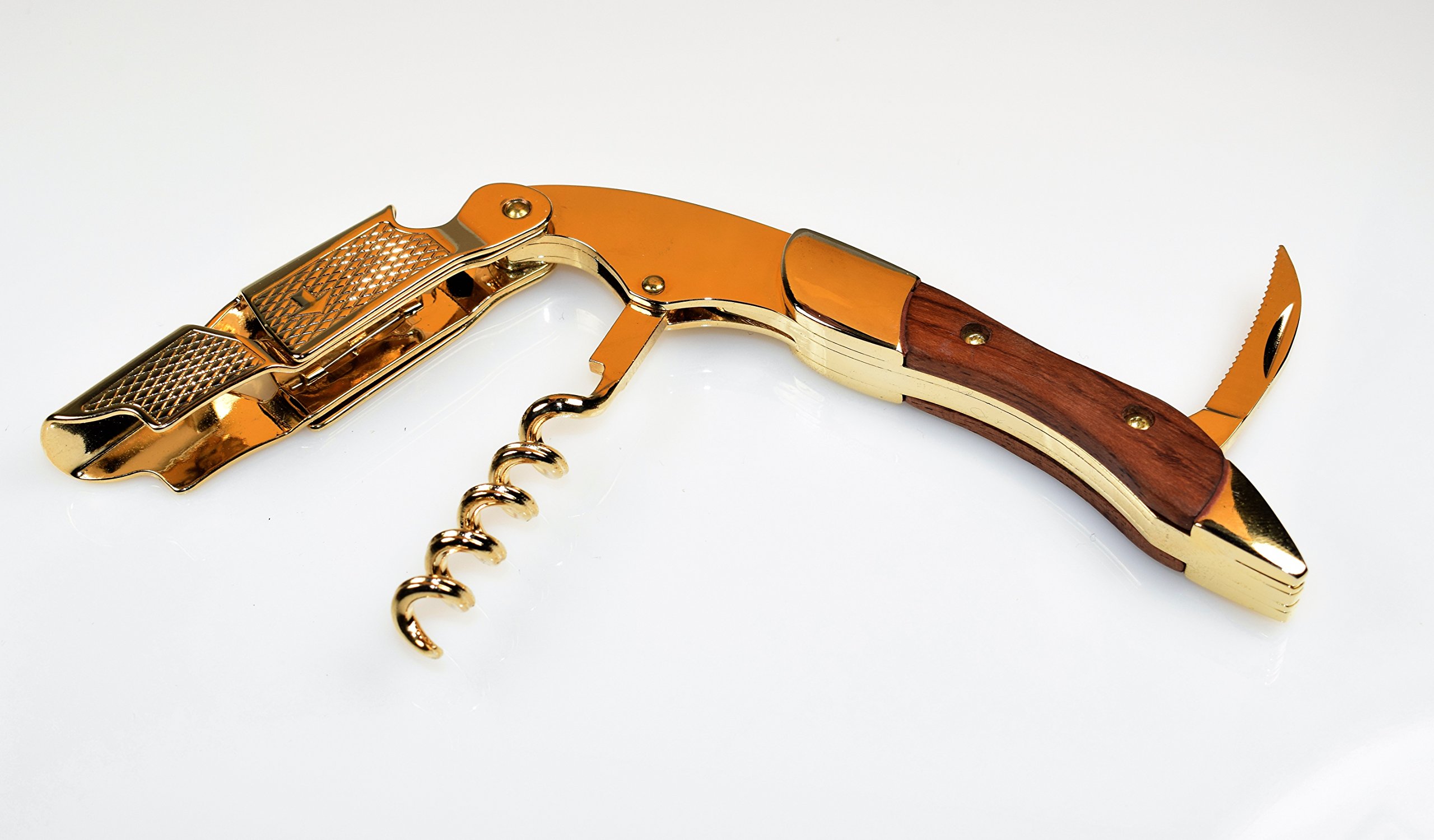 Gold Plated Corkscrew w/Wood Handle Professional Double Hinge Waiters Wine Key