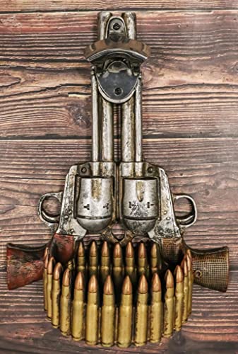 Ebros Gift Rustic Western Cowboy Outlaw Dual Revolver Pistols Guns Wall Mounted Bottle Cap Opener With Bullet Shells Casings Catcher Basin Wild West Country Themed Decorative Accent