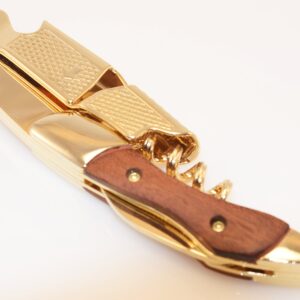 Gold Plated Corkscrew w/Wood Handle Professional Double Hinge Waiters Wine Key