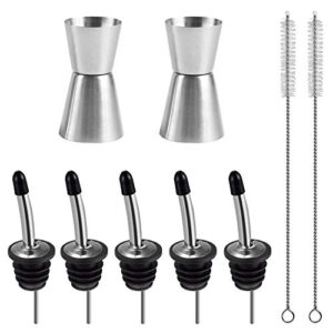 5 pack stainless steel liquor pour spouts set & 2 double jiggers, sourceton 5 liquor pour spouts + 5 dust caps covers + 2 cleaning brush + 2 double jiggers for cocktail making