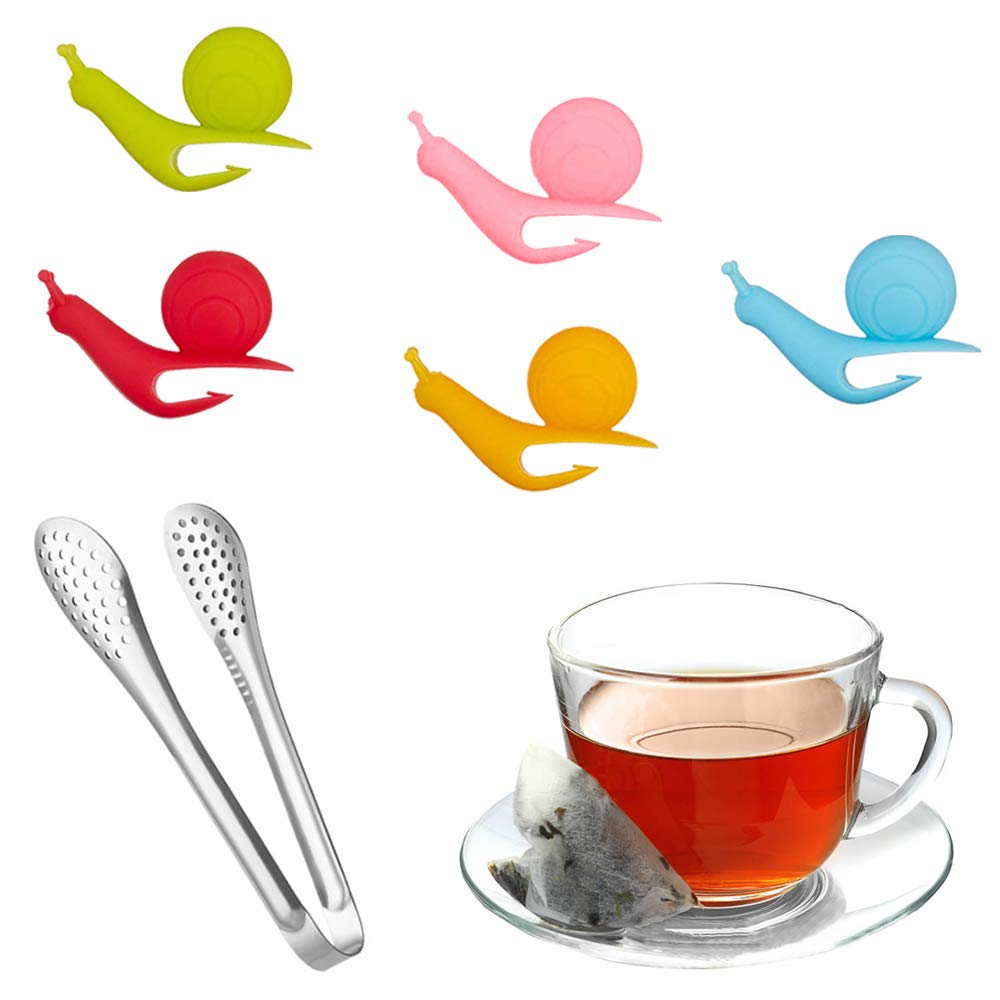 15 Pcs Snail Shape Silicone Tea Bag Holder with 2 Pcs Stainless Steel Tea Bag Squeezer Sugar Tongs, SourceTon Mug Candy Colors Tea Bag Holder Drink Marks & Tea Bag Tongs Strainer Grip