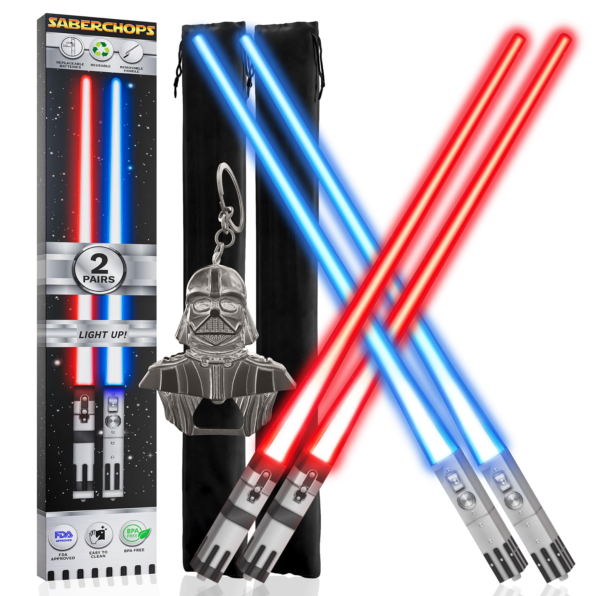 Lightsaber Chopsticks Light Up Star Wars LED Reusable Red & Blue 2 PAIRS FREE Darth Vader Keychain Bottle Opener