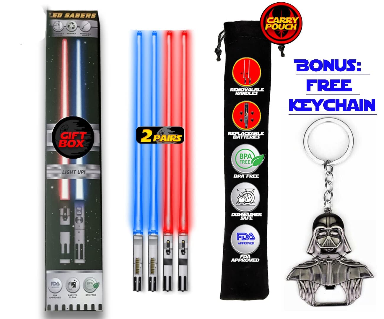 Lightsaber Chopsticks Light Up Star Wars LED Reusable Red & Blue 2 PAIRS FREE Darth Vader Keychain Bottle Opener