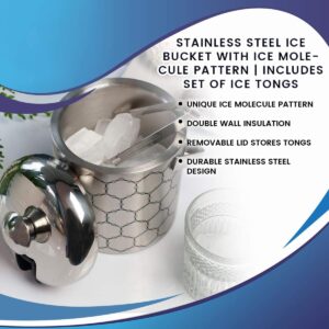 Stainless Steel Ice Bucket With Ice Molecule Pattern | A Fun Way To Keep Your Ice Cold & Frozen | Includes Set Of Ice Tongs