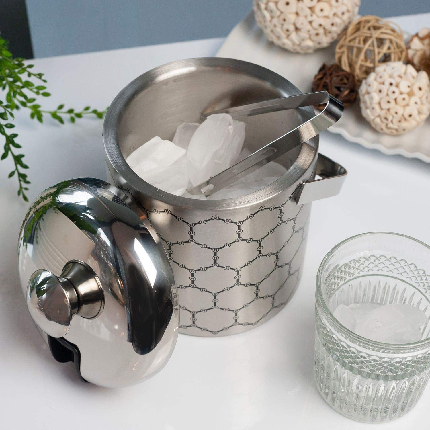 Stainless Steel Ice Bucket With Ice Molecule Pattern | A Fun Way To Keep Your Ice Cold & Frozen | Includes Set Of Ice Tongs