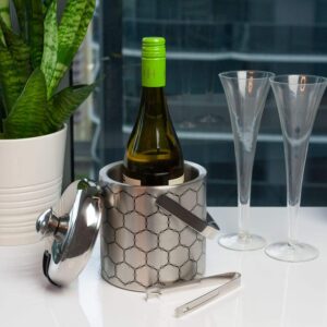 Stainless Steel Ice Bucket With Ice Molecule Pattern | A Fun Way To Keep Your Ice Cold & Frozen | Includes Set Of Ice Tongs