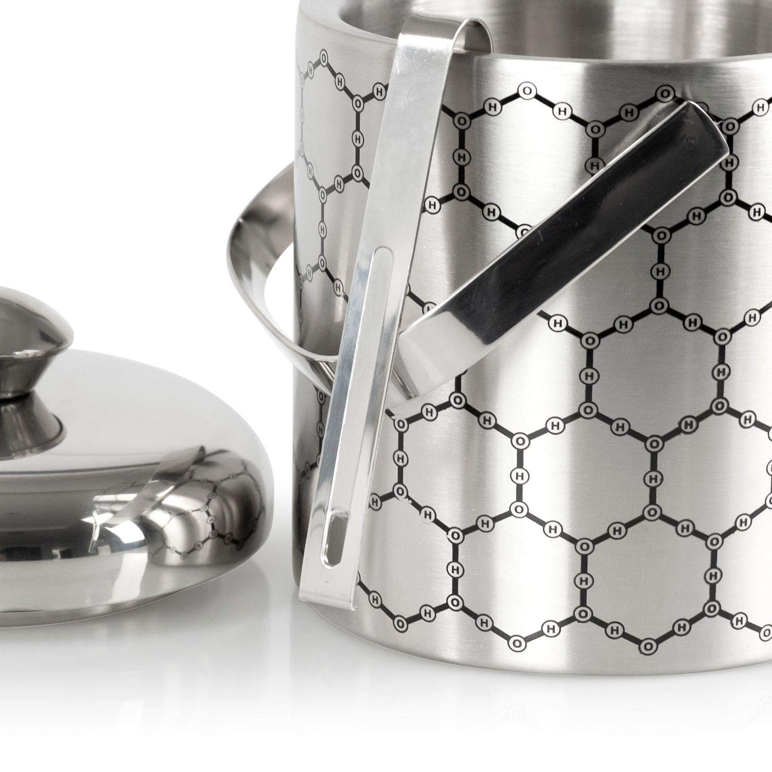 Stainless Steel Ice Bucket With Ice Molecule Pattern | A Fun Way To Keep Your Ice Cold & Frozen | Includes Set Of Ice Tongs