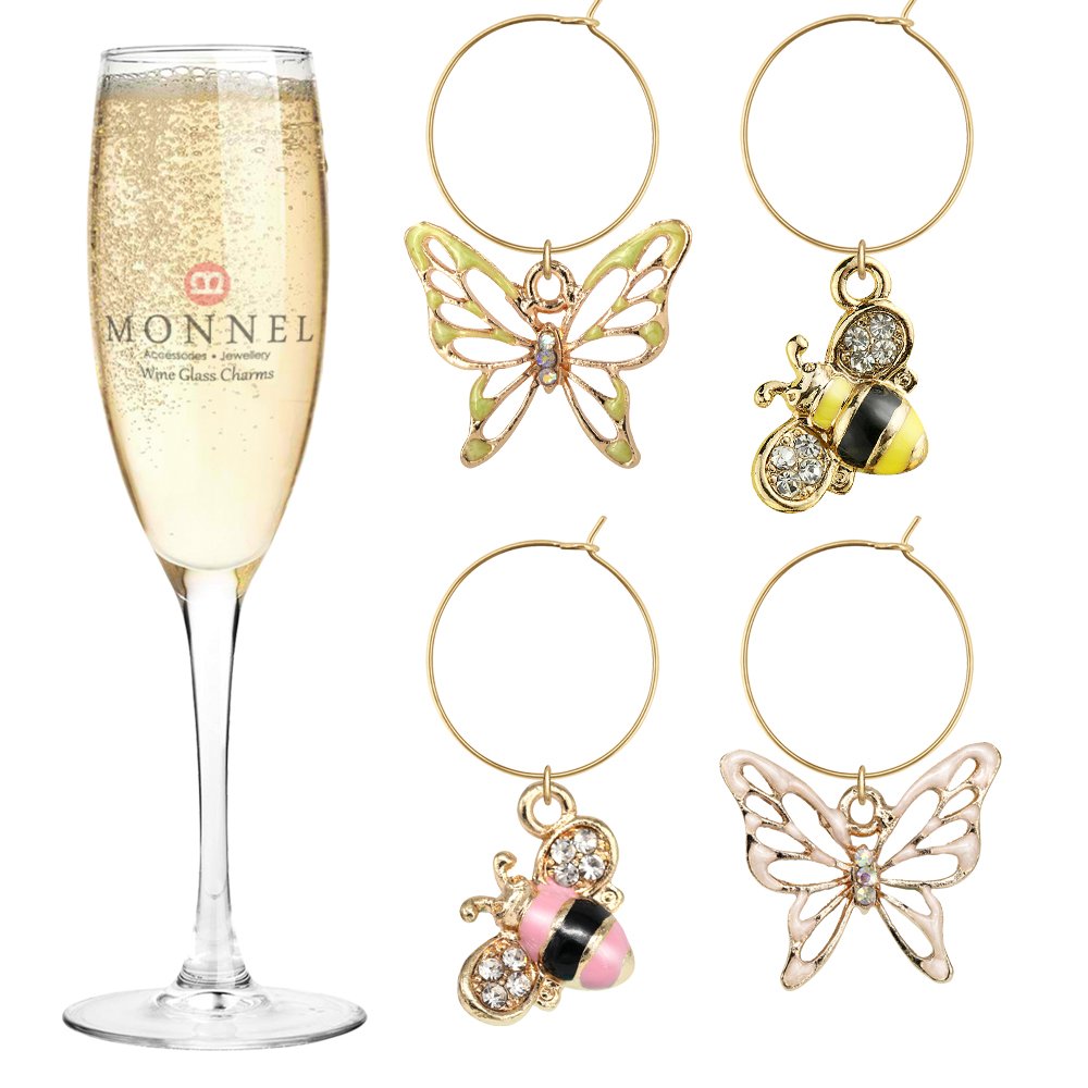 P416 Crystal Bee and Butterfly Wine Charms Glass Marker for Party with Velvet Bag (Pink White,Set of 4)