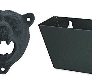 WISH HALLY WOOD Bottle Opener, Iron Bear Teeth Wall Mount Bottle Opener and Cap Catcher Set (Black Bear Opener + Black Catcher)